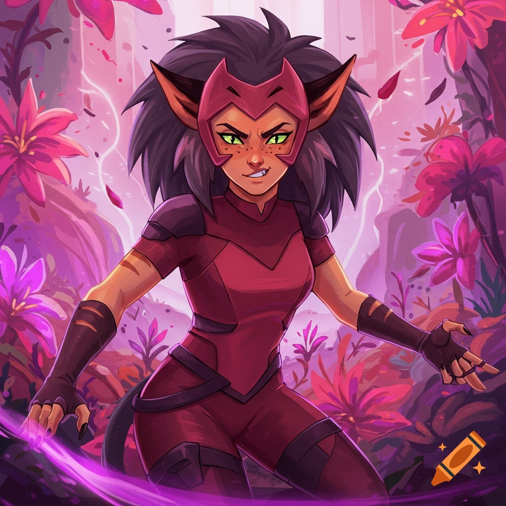 Illustrative image of Catra from She-Ra in a vibrant purple fantasy ...