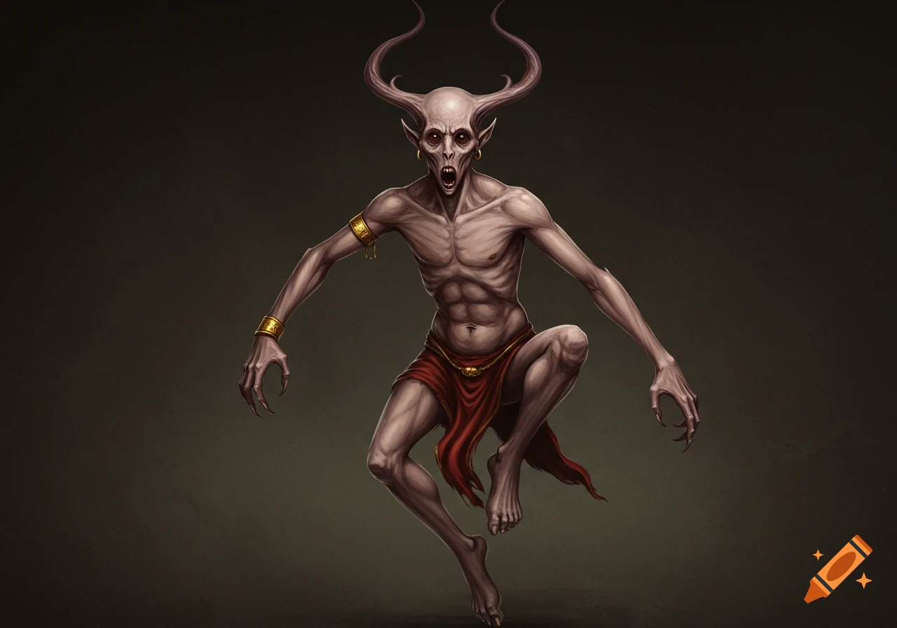Fantasy illustration of a pale, demonic creature with horns and claws ...