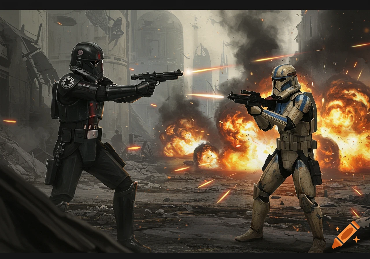 Star Wars Imperial and Republic troopers battle in a ruined city with explosions and blaster ...