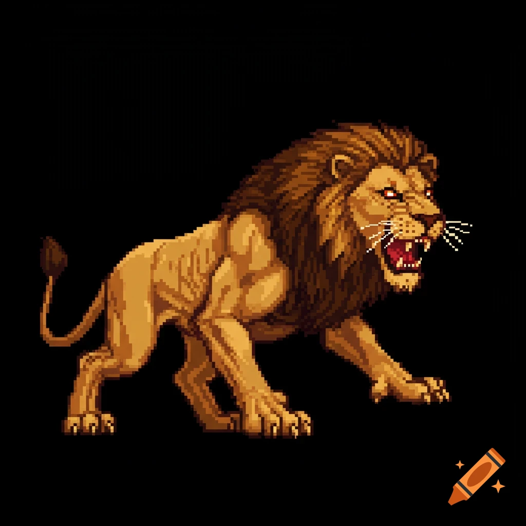 Pixel art sprite of a roaring lion in a stance ready to pounce. on Craiyon