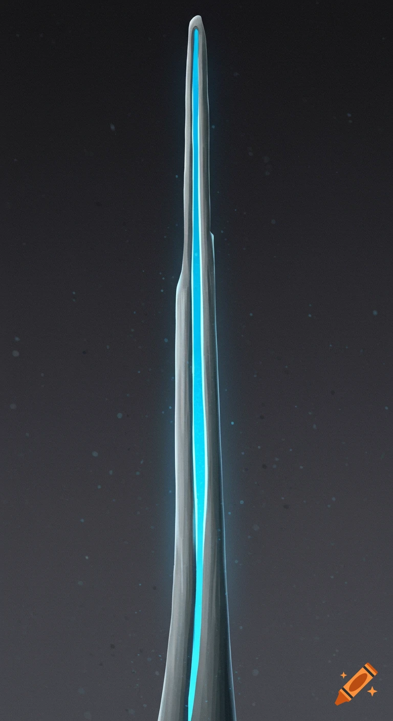 Tall grey structure with vertical glowing blue slit and blue particles ...