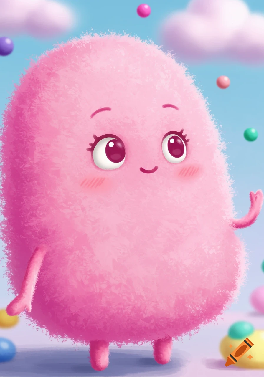 Cute pink fluffy character with big eyes and small limbs standing in a ...