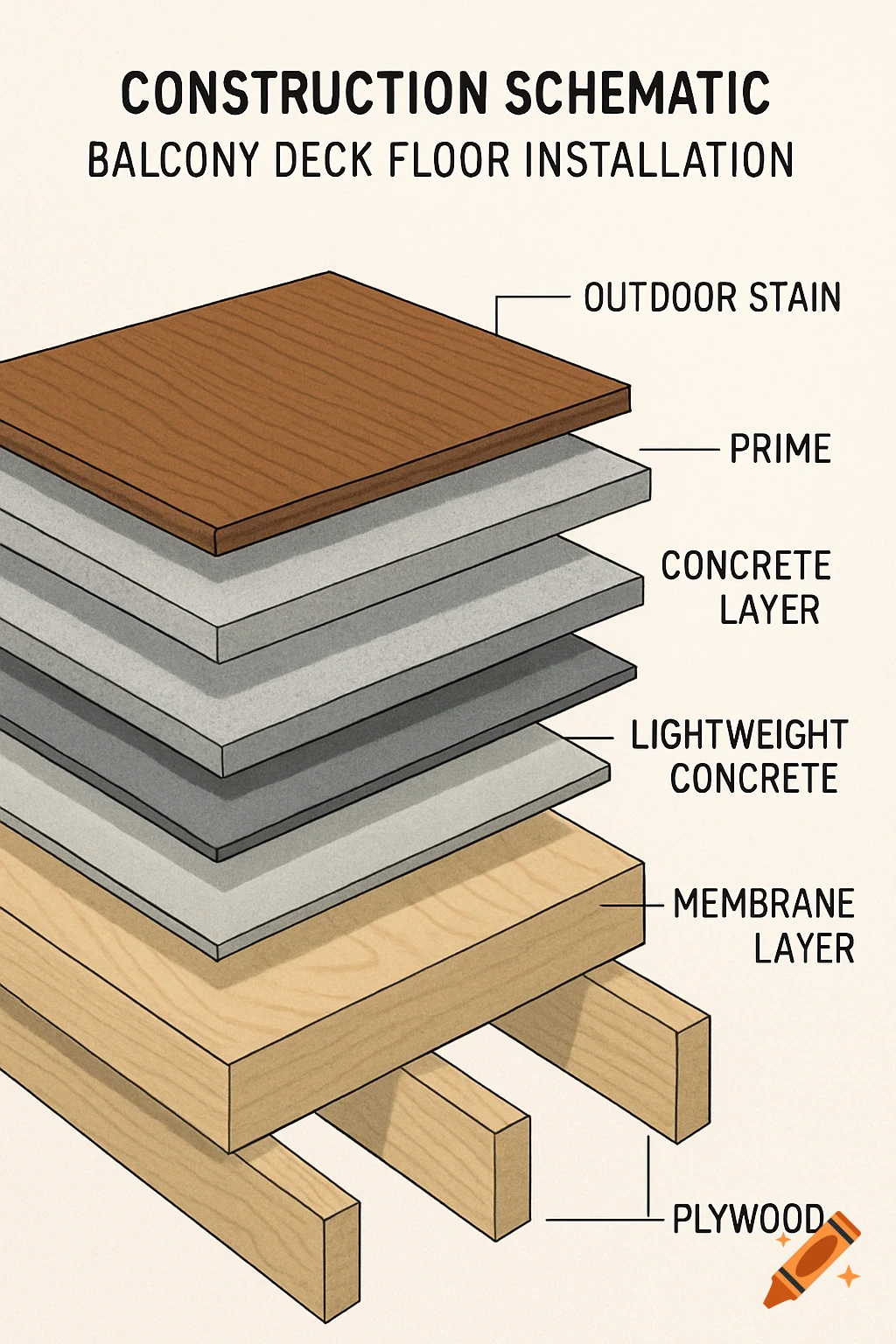 Construction schematic showing layers of a balcony deck floor installation. on Craiyon