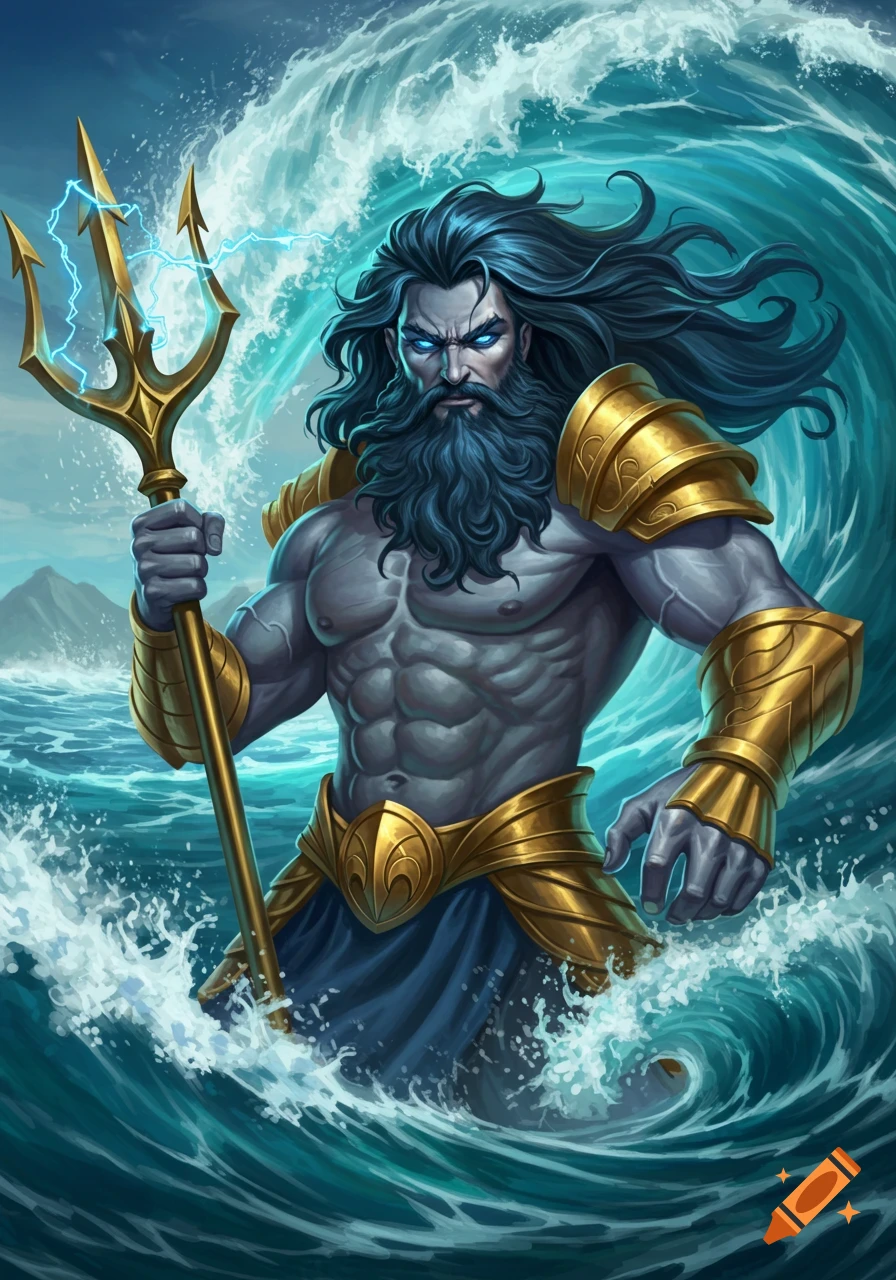Powerful Poseidon emerging from crashing ocean waves, holding a trident with lightning, fantasy ...