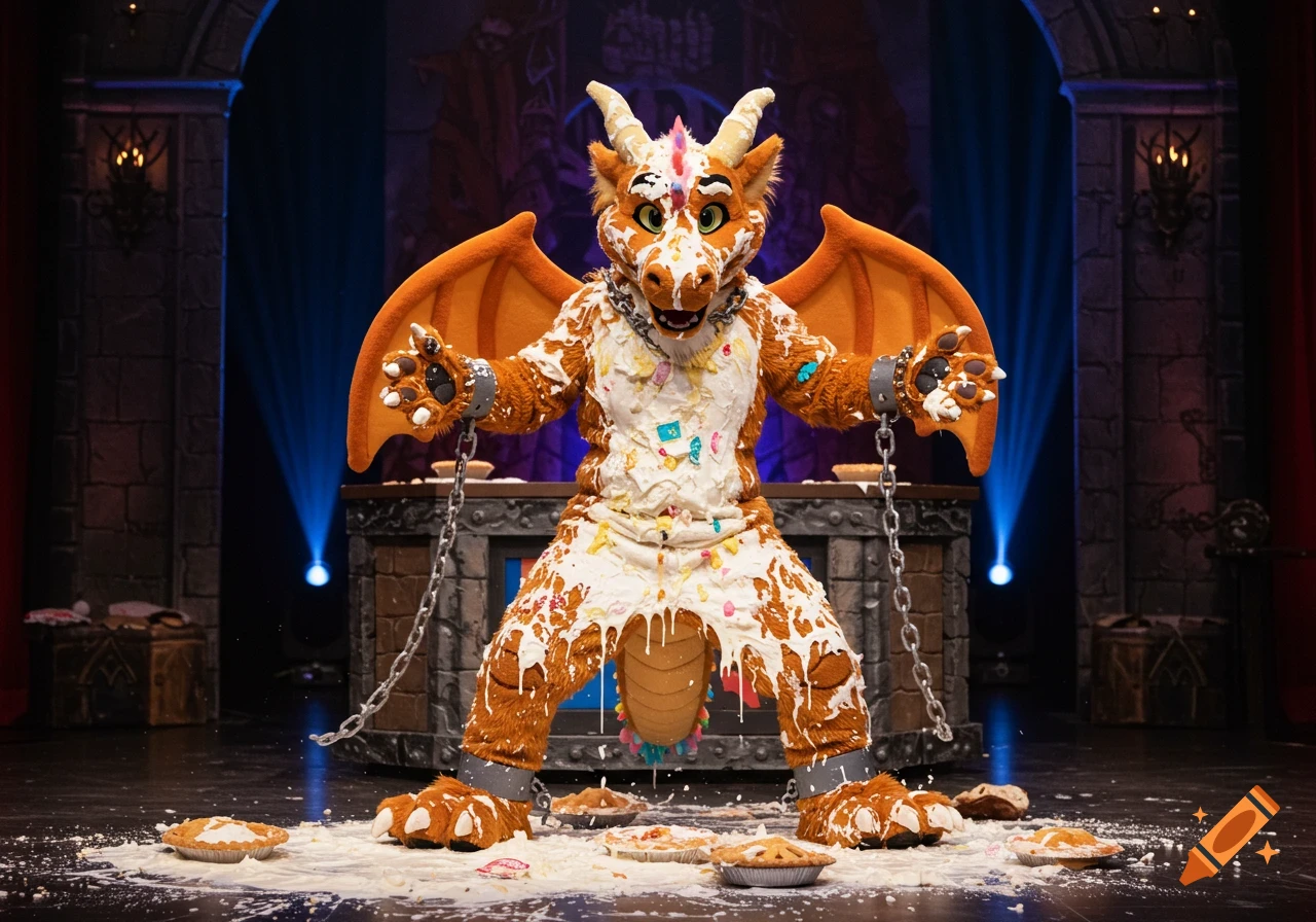 A person in an orange dragon fursuit covered in white cream and ...