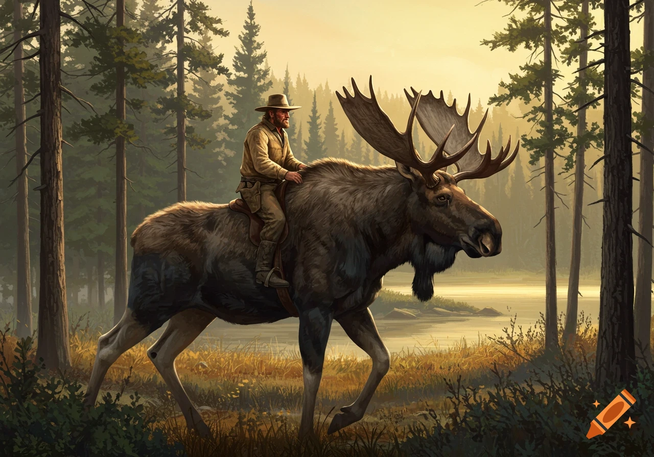 A man rides on the back of a large bull moose through a forest. on Craiyon