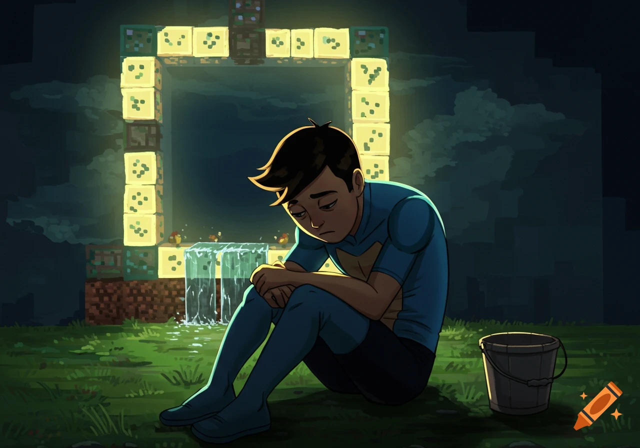 Sad cartoon character sits by glowing Minecraft portal on Craiyon