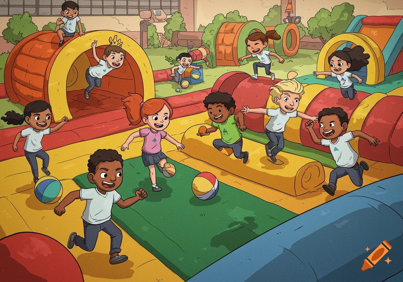Diverse children run and play on a colorful inflatable obstacle course ...