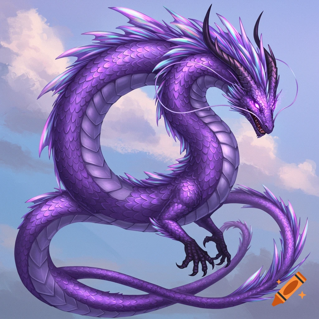 A vibrant purple dragon with iridescent spikes coils in the cloudy sky ...