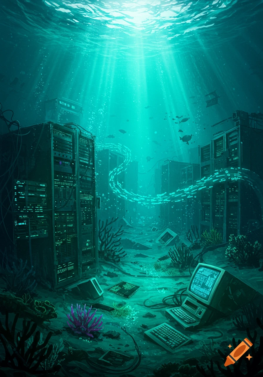 Underwater data center with server racks, computers, and fish on the ...