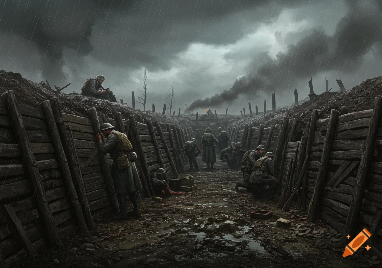 Soldiers huddle in a muddy World War 1 trench during a rainstorm. on ...