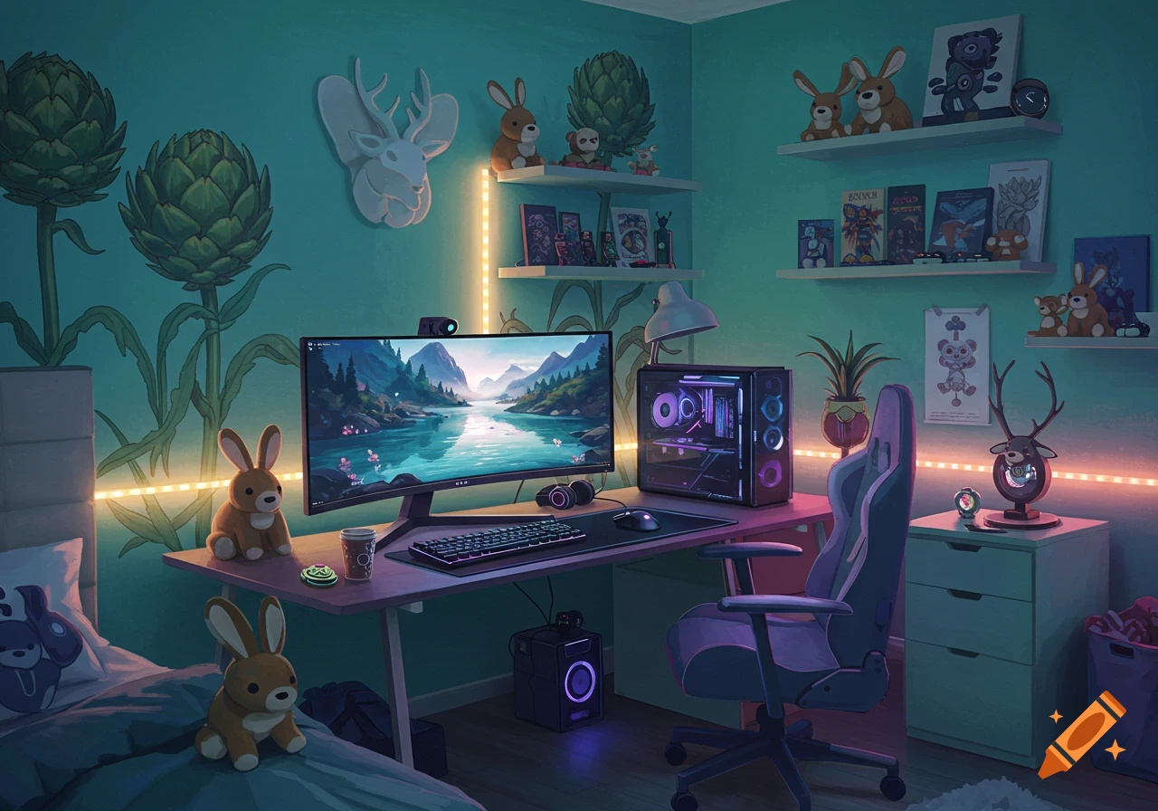 A teal gamer bedroom with a PC setup, monitor displaying a lake scene ...