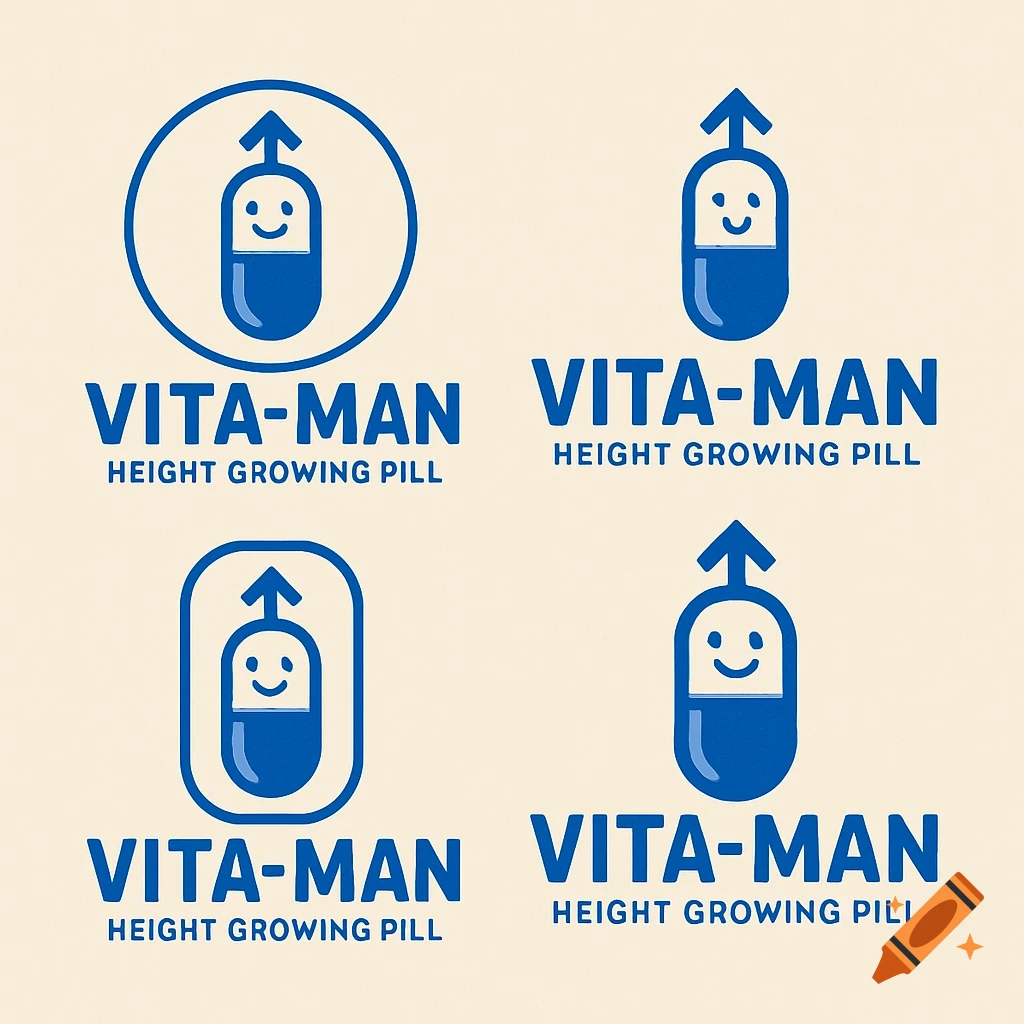 Four logo designs for Vita-Man Height Growing Pill featuring a capsule ...