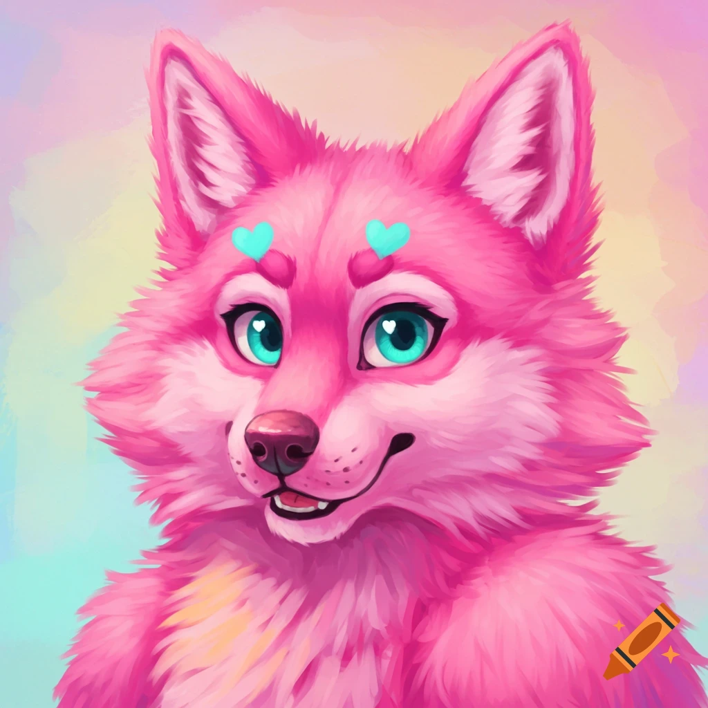 A pink wolf furry with blue heart shapes above its eyes against a ...