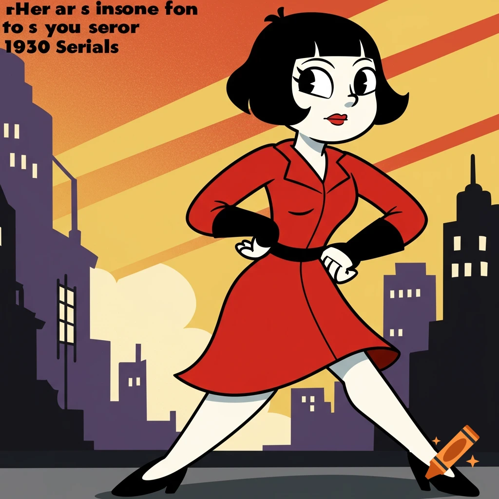 Cartoon woman in red coat poses in front of stylized city skyline, UPA ...