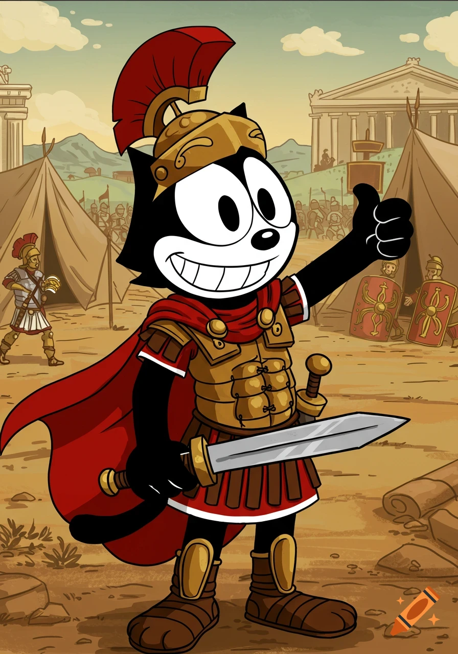 Felix the Cat dressed as a Roman centurion stands in a Roman military ...