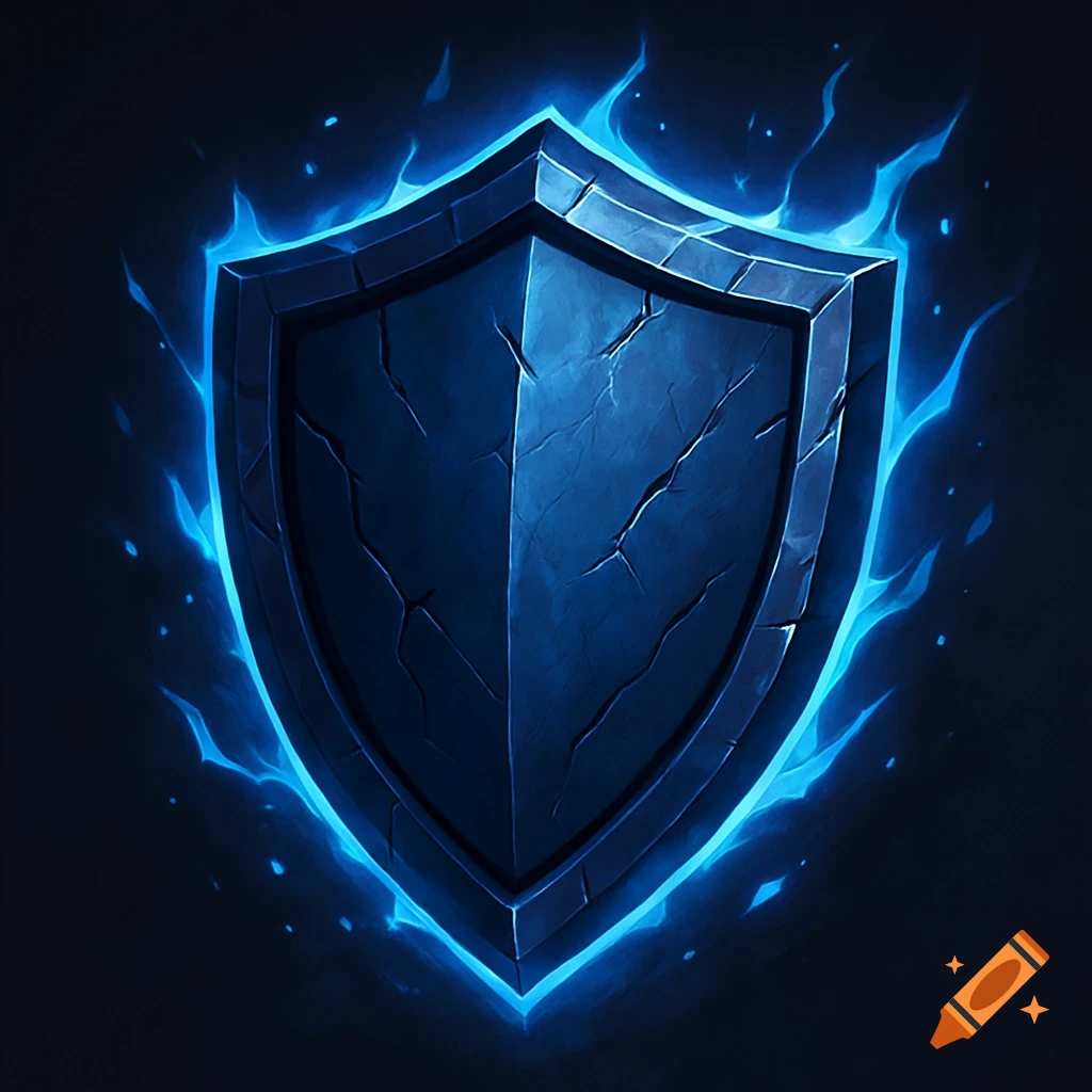 Stylized dark blue shield with cracks, surrounded by glowing blue ...