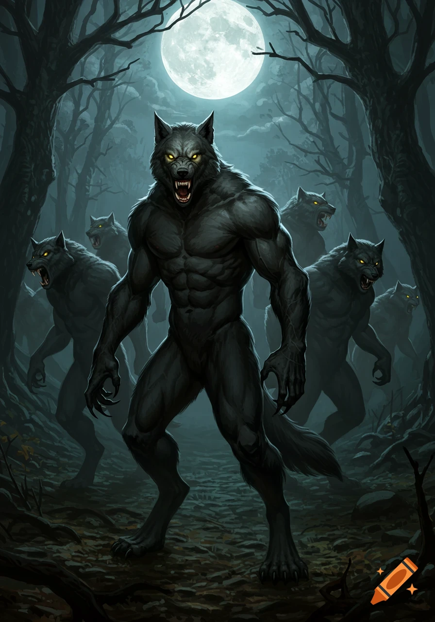 Multiple werewolves standing in a dark forest under a bright full moon on Craiyon