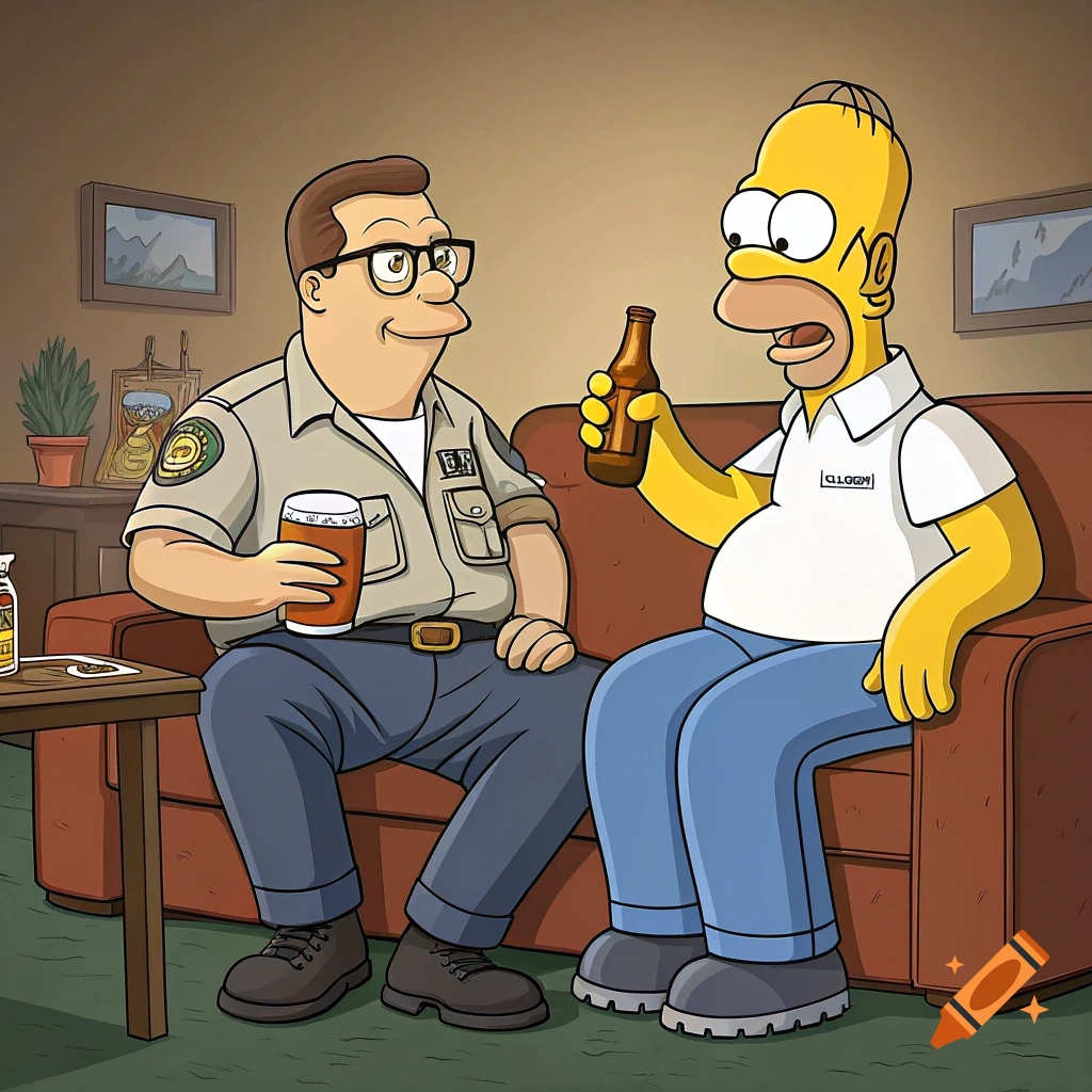 Hank Hill and Homer Simpson sit on a couch drinking beer in cartoon ...