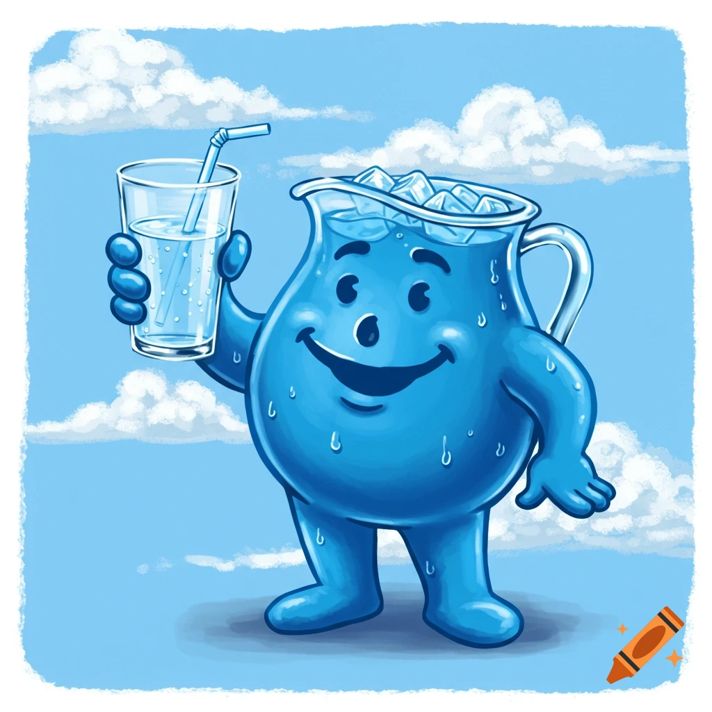 Illustration of a sweating blue pitcher character holding a glass of ...