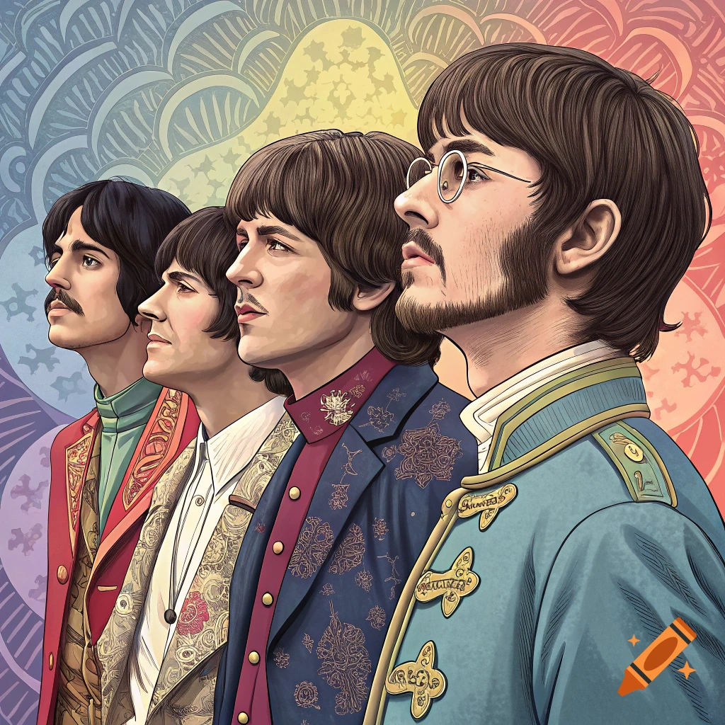 Illustrative portrait of The Beatles in ornate jackets against a ...