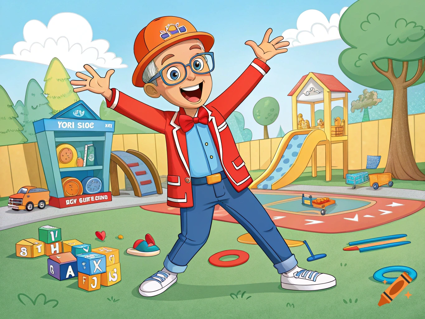 A cheerful cartoon character resembling Blippi stands with arms wide ...