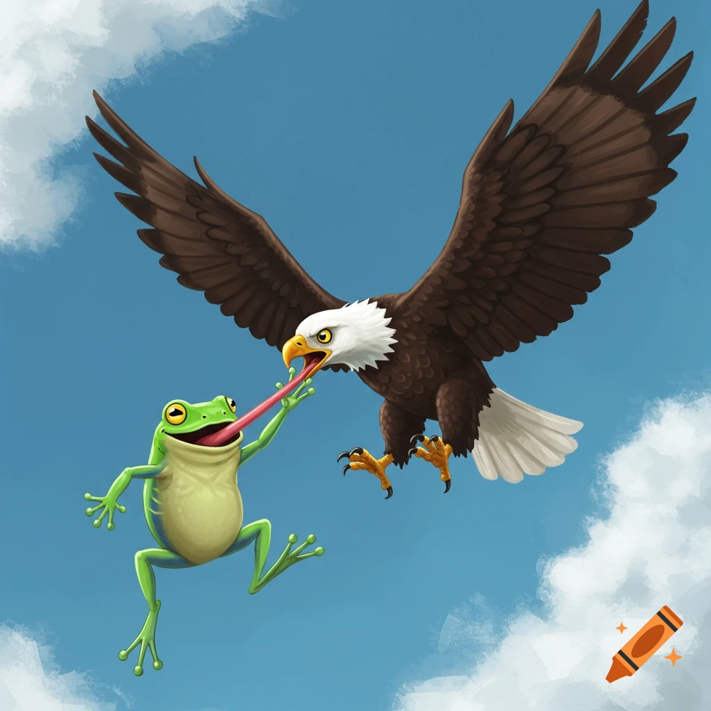 Cartoon illustration of a flying frog licking a flying eagle. on Craiyon
