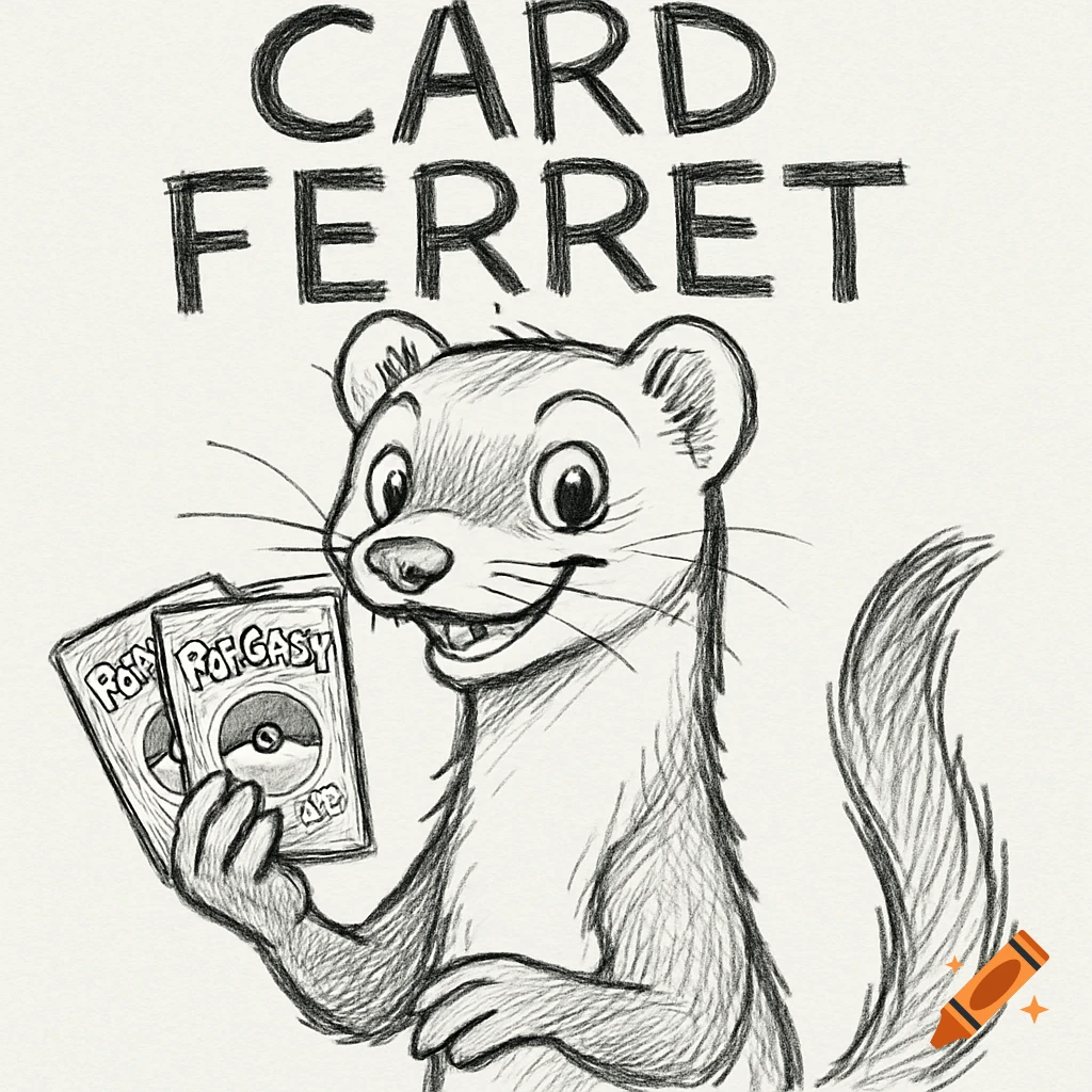 A sketchy cartoon ferret holds Pokemon cards, with the text "CARD ...