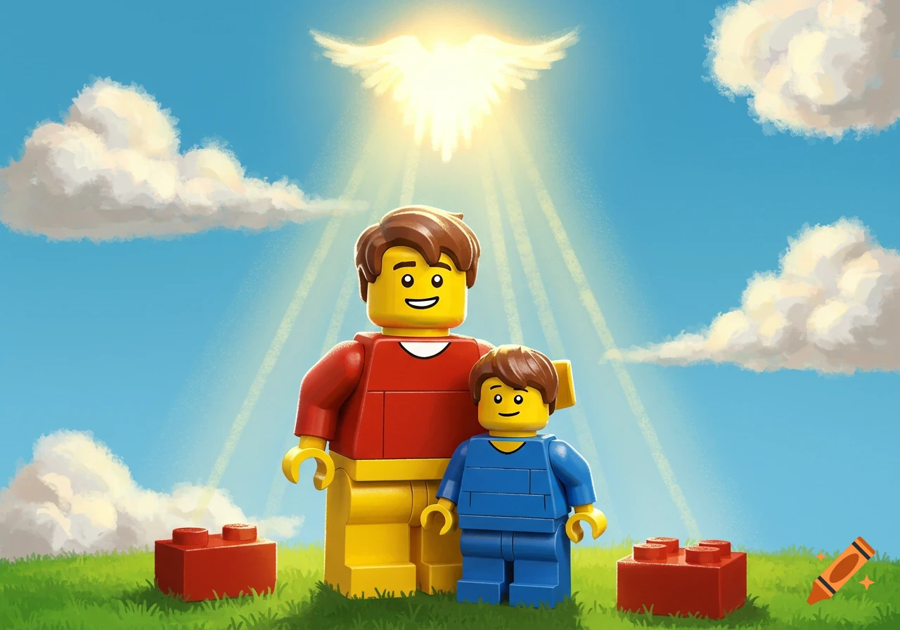 Lego father and son figures stand in a field under a bright light ...