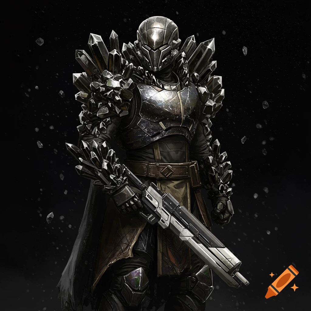 Person in dark futuristic armor made of crystals, holding a sci-fi ...