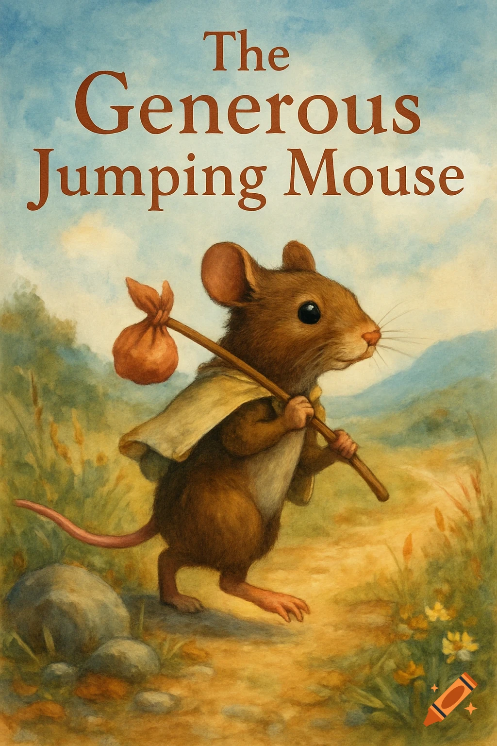 A mouse carrying a sack on a stick walks along a path in an ...