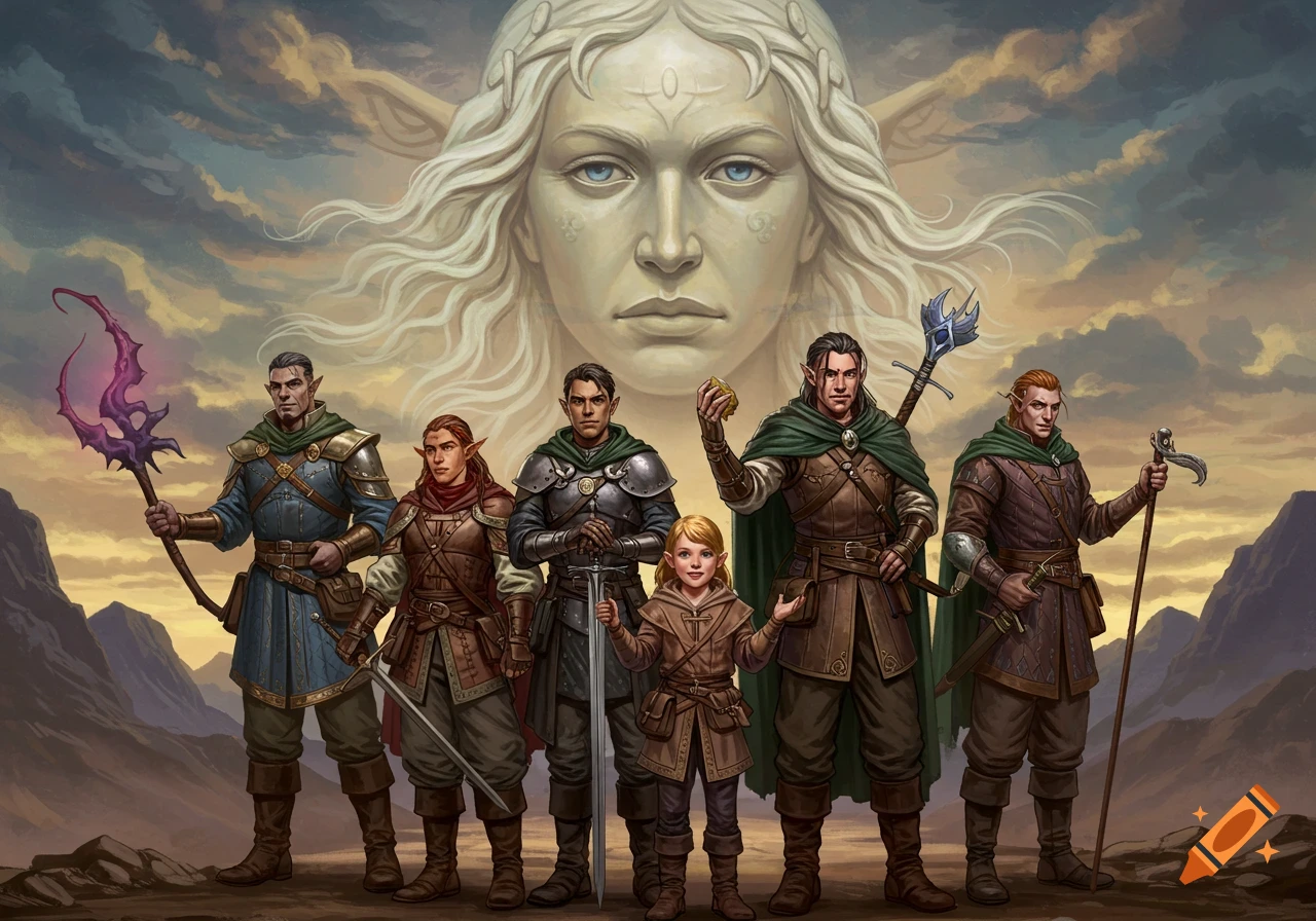 A group of fantasy adventurers pose below a large ethereal face in the ...
