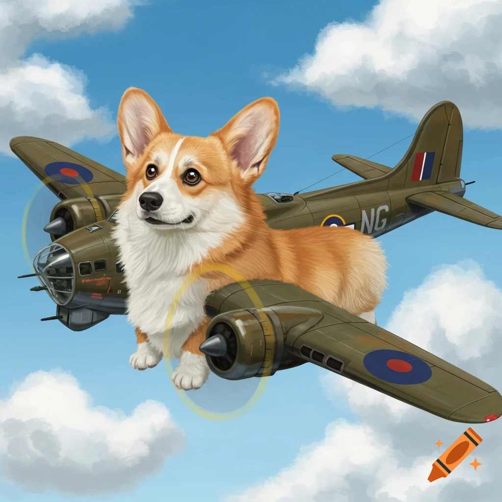 A corgi dog merged with a bomber plane flies in the sky. on Craiyon