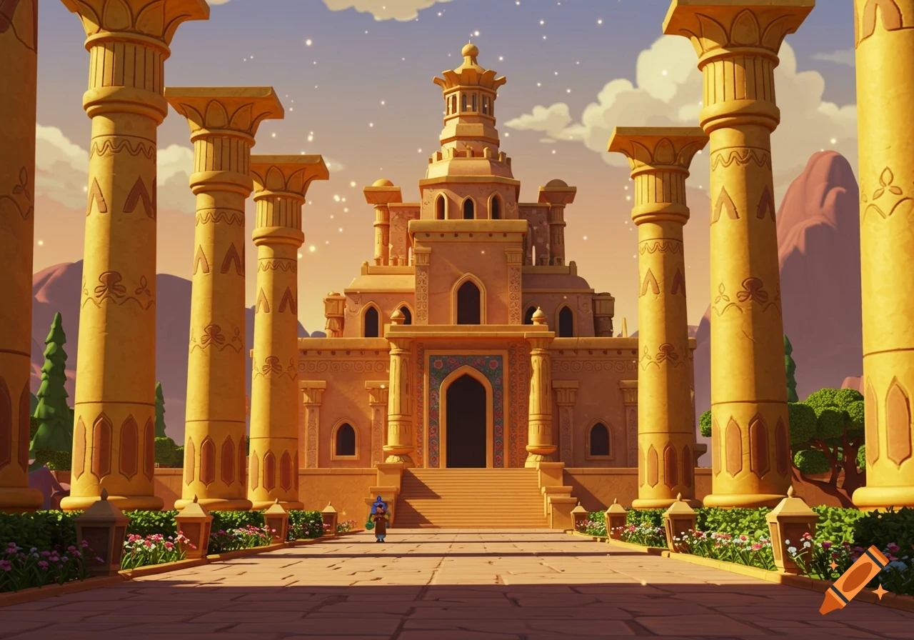Vibrant cartoon illustration of a golden Persepolis-inspired castle ...