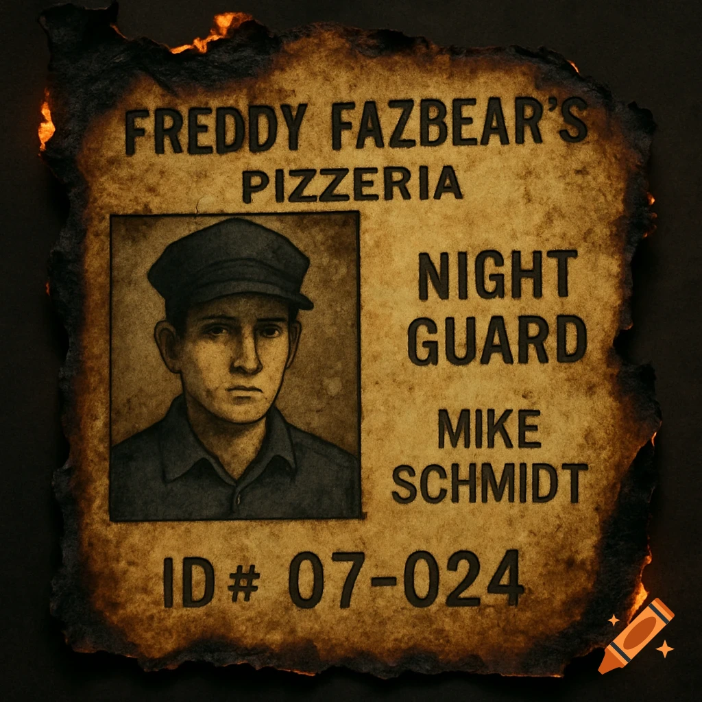 Burnt ID card for a Freddy Fazbear's Pizzeria Night Guard with a ...