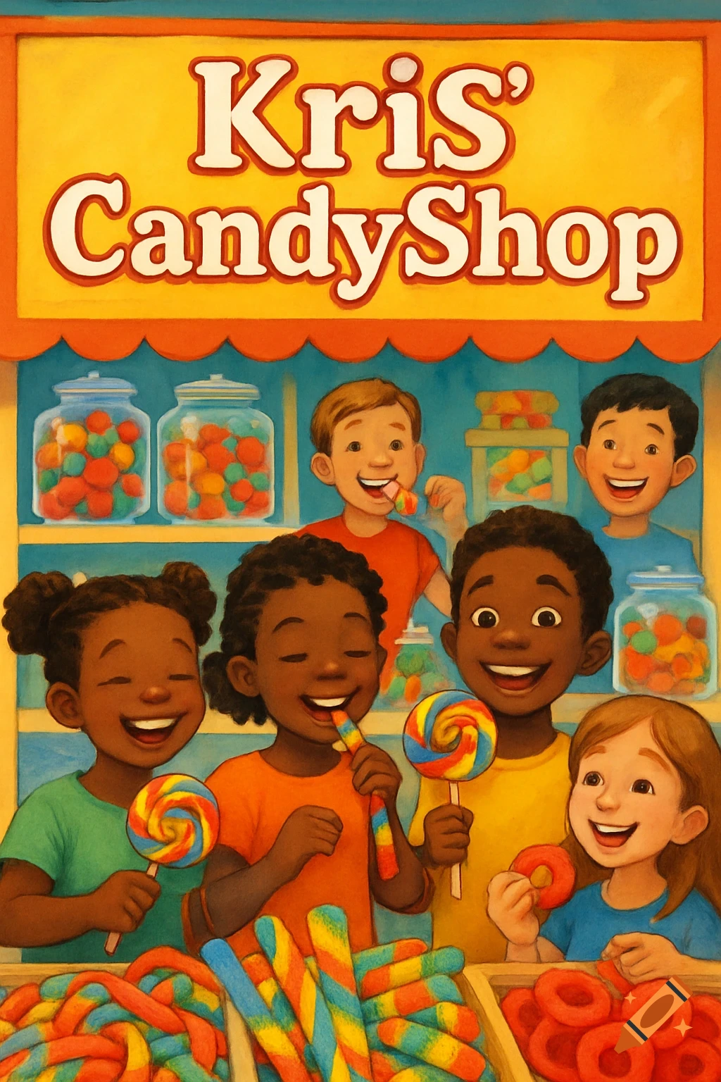 Illustration of diverse children happily eating candy in front of a ...
