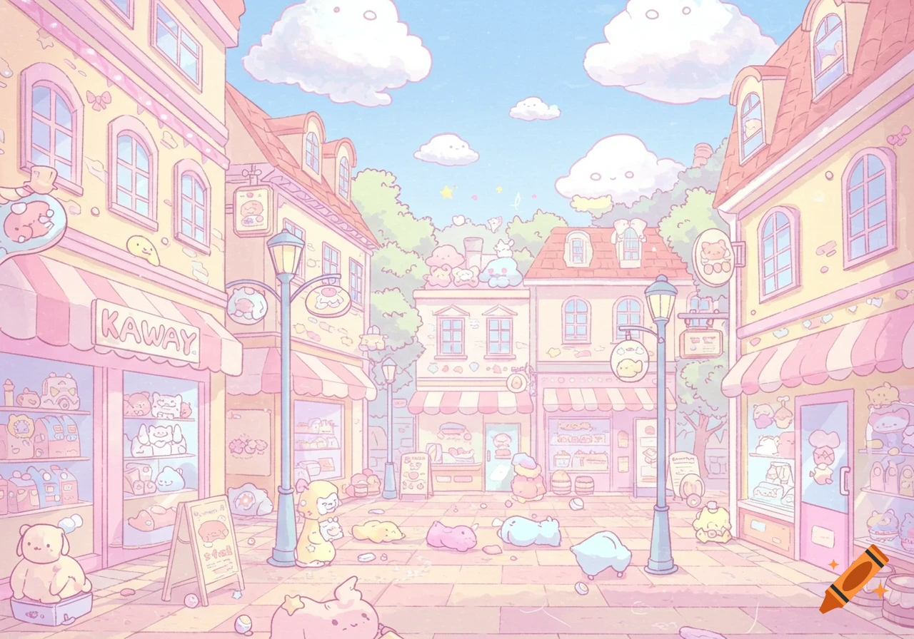 Cute pastel illustration of a town square with shops and blob-like ...