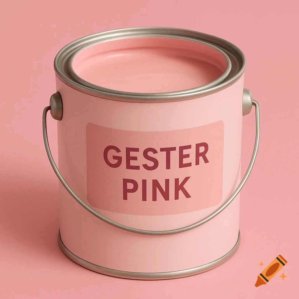 A pink paint can with a label that reads "GESTER PINK" sits on a pink ...