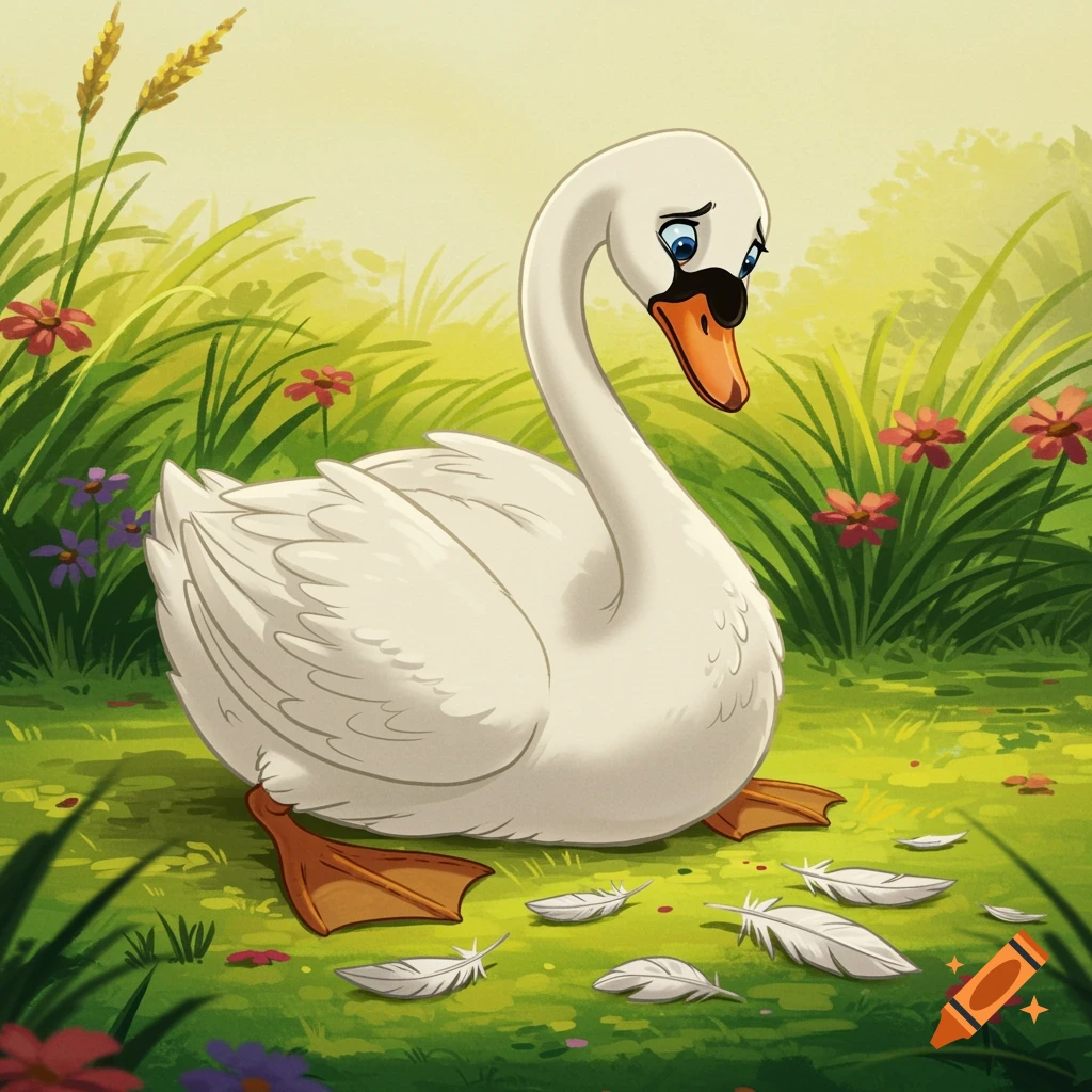 A sad cartoon swan sits in the grass surrounded by feathers. on Craiyon