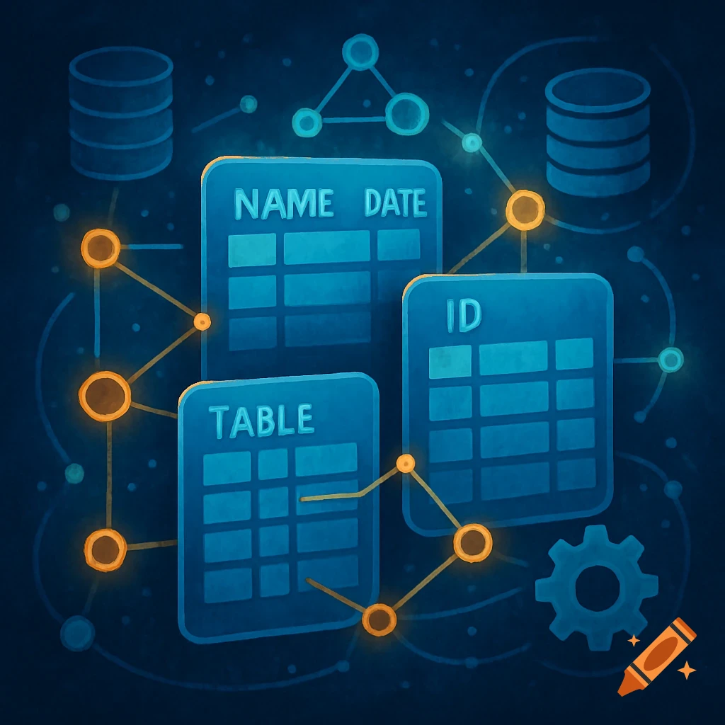 Stylized illustration of a relational database with linked tables, server icons, and network ...