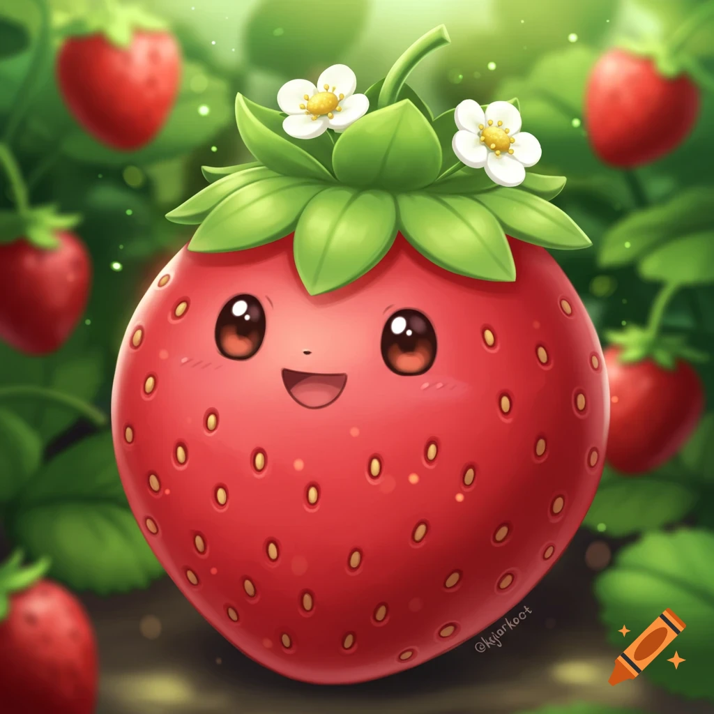 Cute anime style strawberry with a face and flowers on its head in a ...