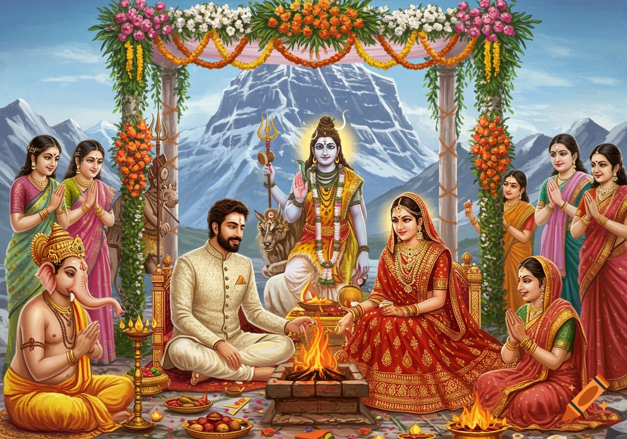 Hindu wedding with Shiva, Parvati, Ganesha, couple at sacred fire, family, and Mount Kailash in ...