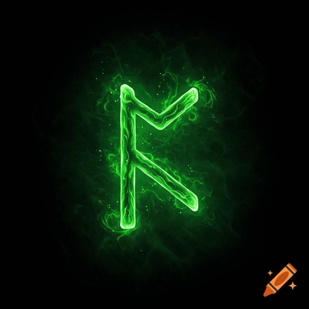 A glowing green Eihwaz rune with smoky effects on a black background ...