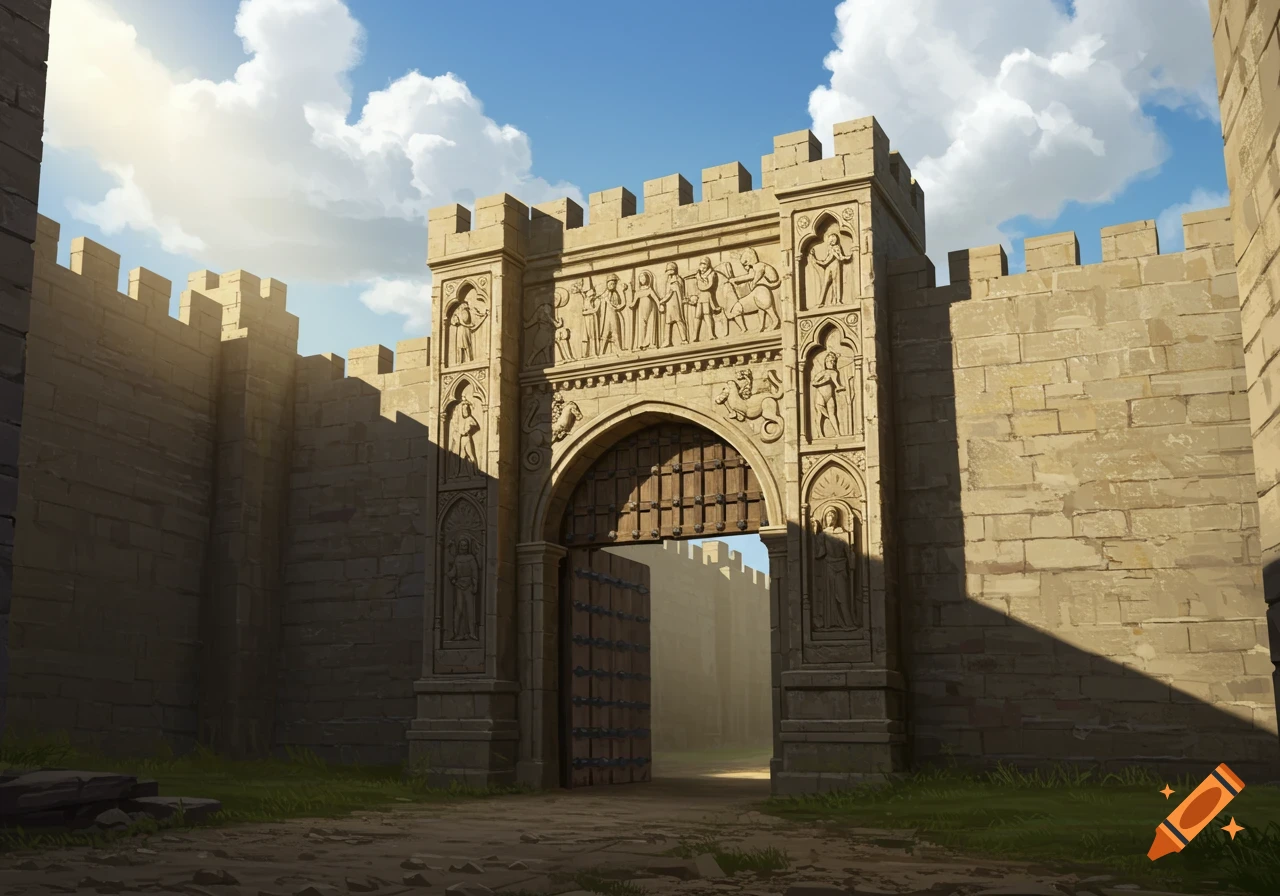 A large medieval stone gate with carvings and open wooden doors, lit by ...