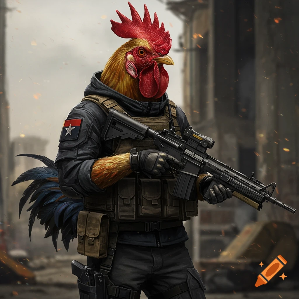 A tactical anthropomorphic rooster character in military gear holding a ...