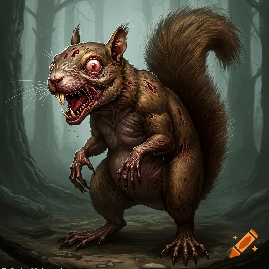 A monstrous zombie squirrel with exposed flesh and red eyes stands in a forest. on Craiyon