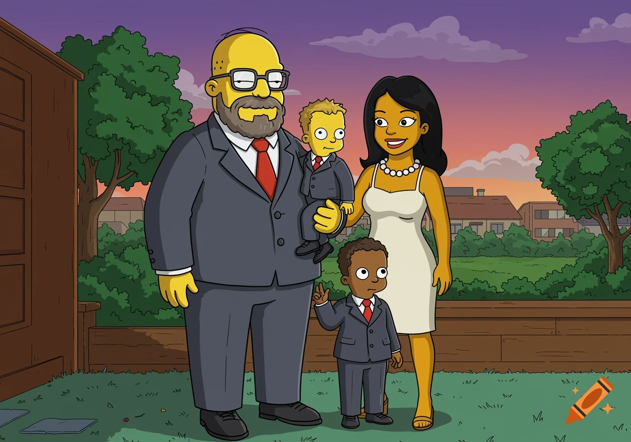 A family of four in the Simpsons cartoon style standing in a yard. The ...