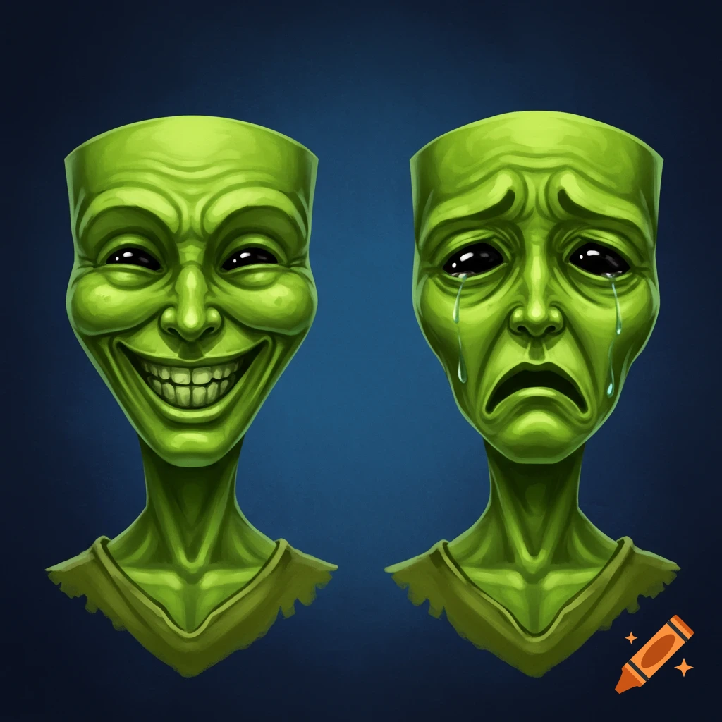 Illustration of two green alien faces, one laughing representing comedy ...