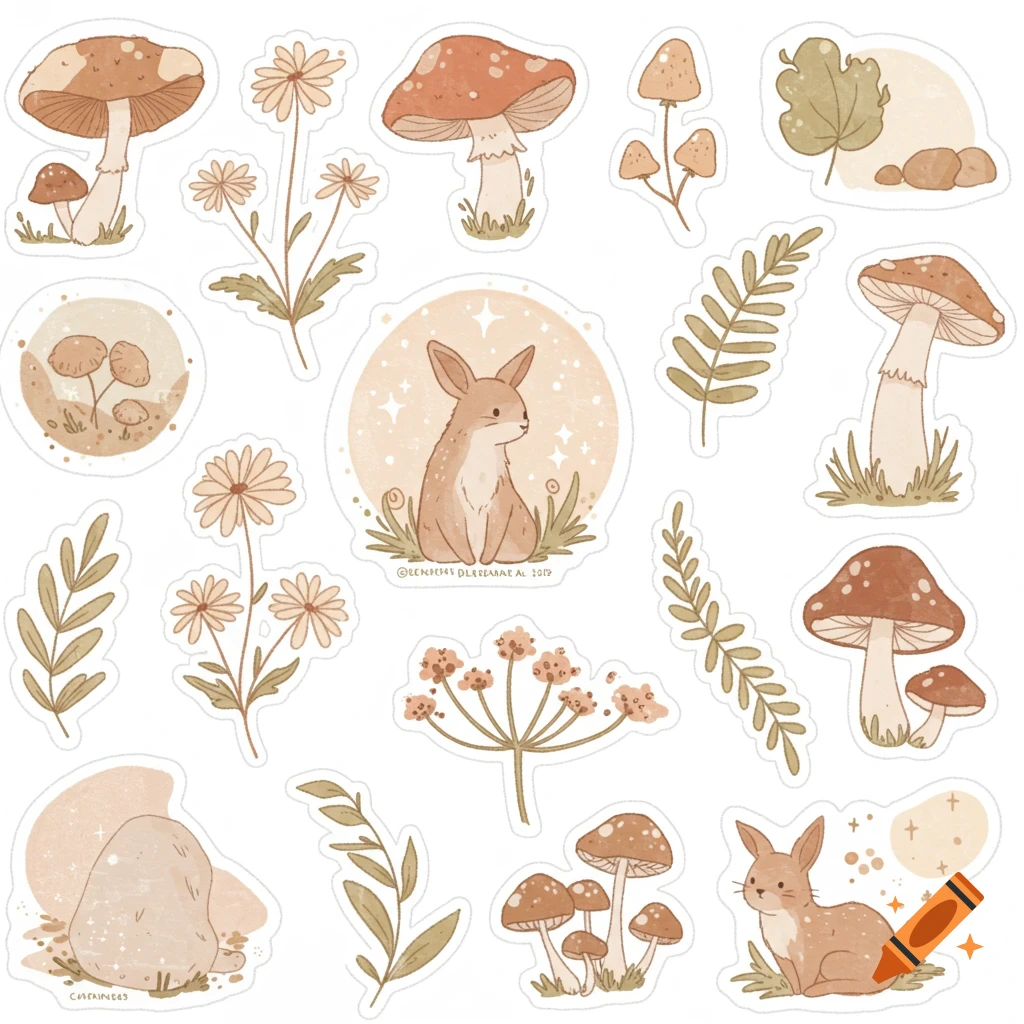 Sheet of cute stickers with mushrooms, plants, and bunnies in earthy ...