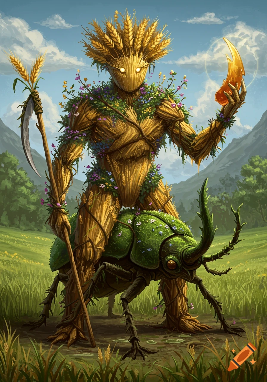 Fantasy creature made of wheat and flowers riding a large mossy beetle ...